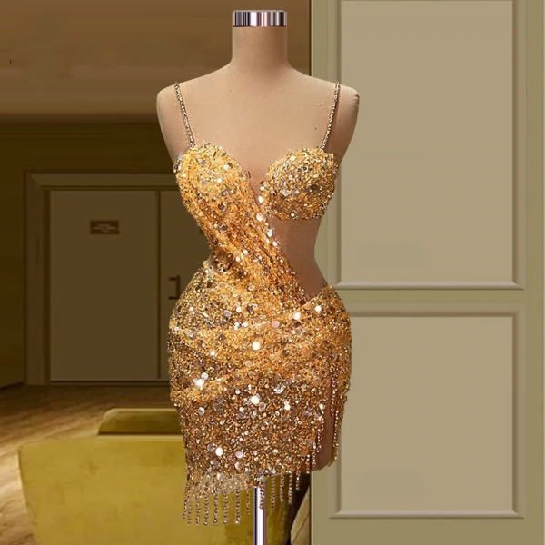 Gold Party Dress Sweetheart Tassels Vestido De Curto Mini Sequin Prom ...