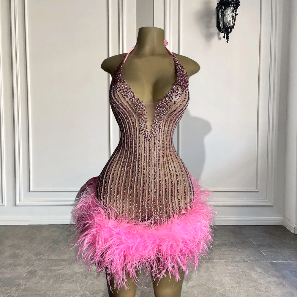 Sexy See Through Women Formal Birthday Party Gowns Halter Handmade Beaded Pink Feather Short ...