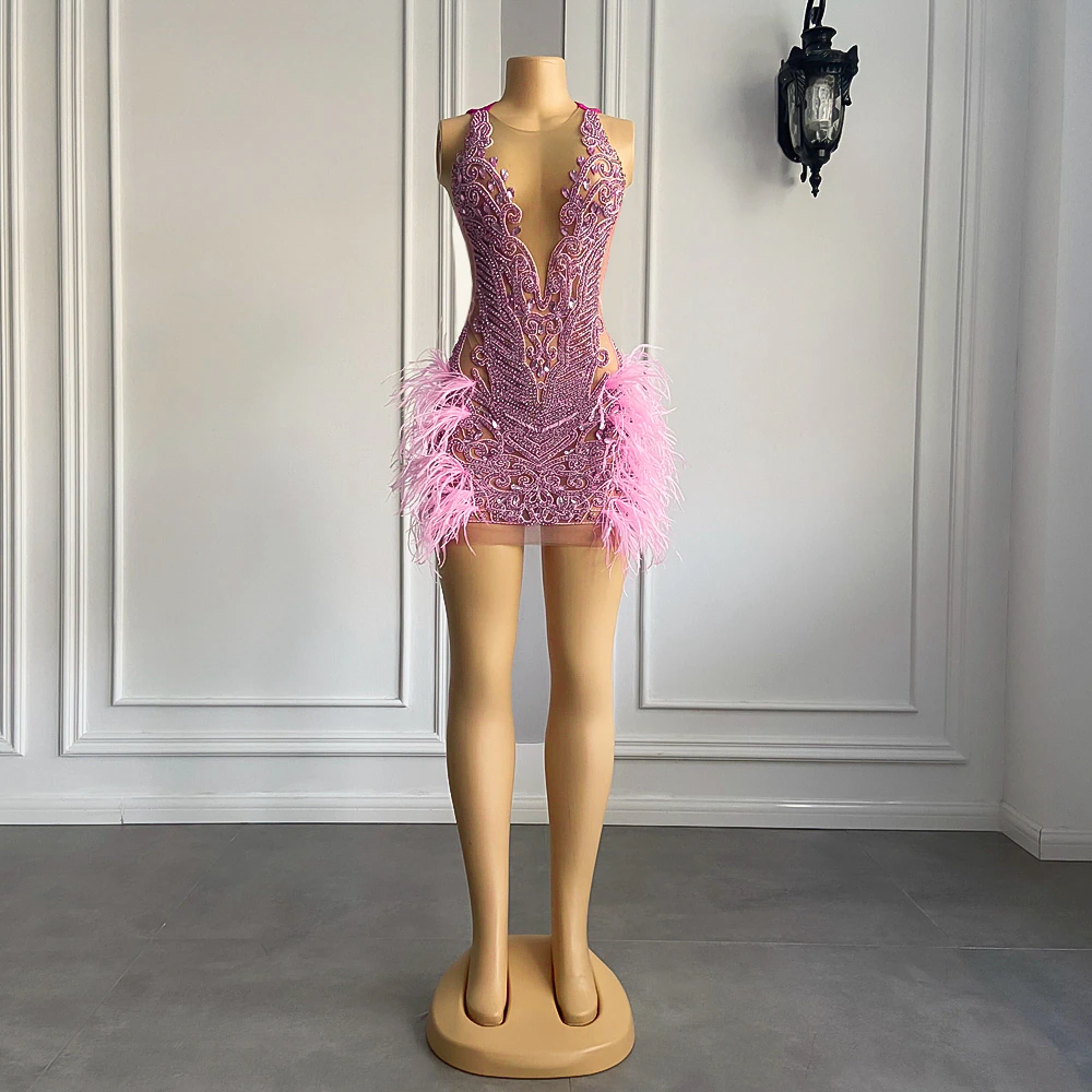 Sexy See Through Women Cocktail Gowns Pink Party Rhinestone Feather Short Prom Dresses 2023 For ...